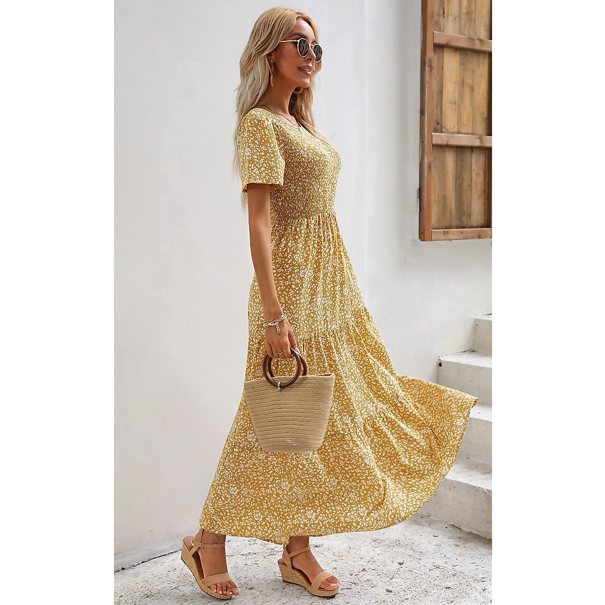 Maggeer Womens 2025 Summer Spring Wedding Guest Long Dresses Boho Maternity Baby Shower Mothers Day Smocked Floral Maxi Dress with Sleeves Mustard XS
