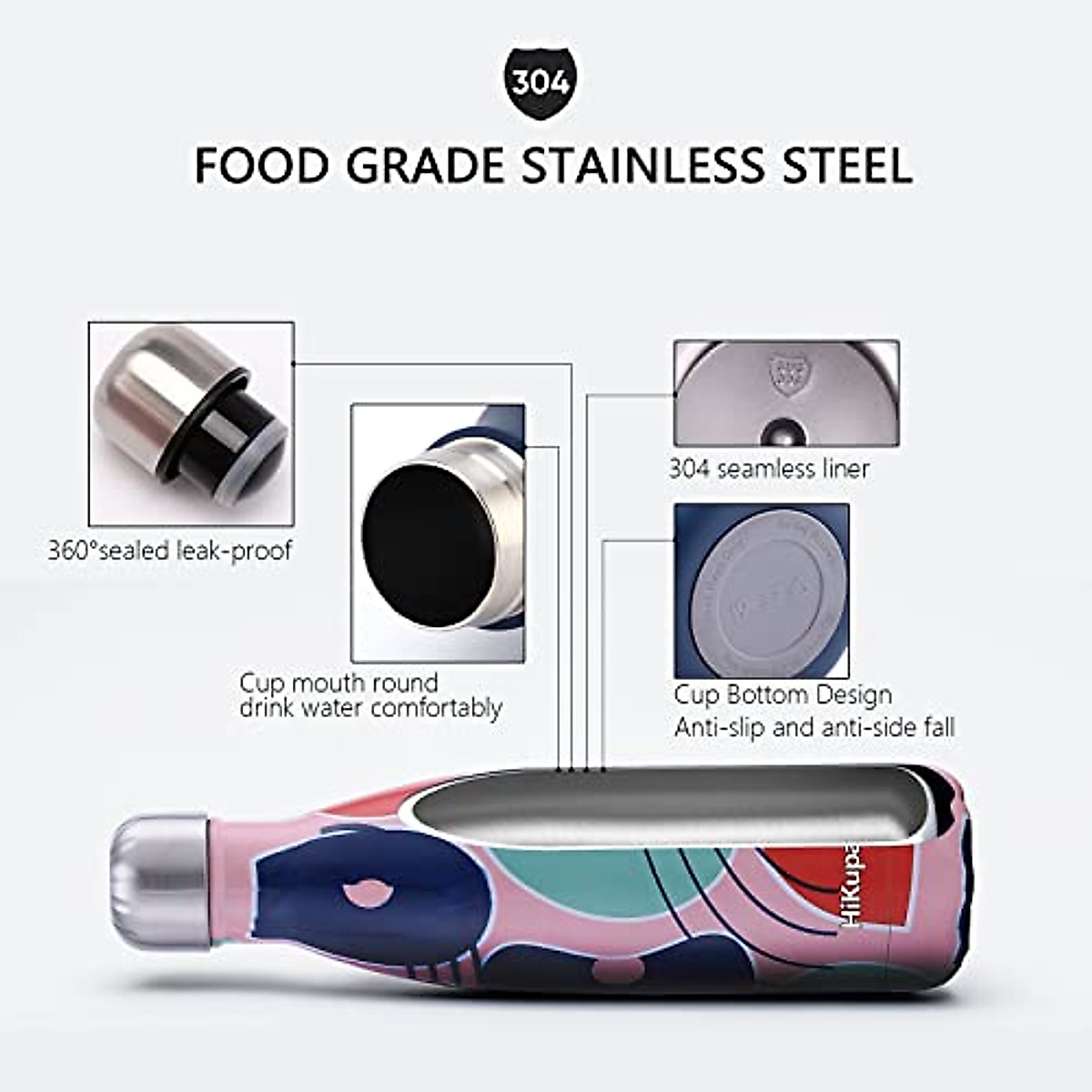 HiKupa 17 oz Insulated Bottle, Leak Proof Water Bottles, BPA Free, Double Wall Stainless Steel, Reusable Metal Sports Flask, Keep Hot 12+ Hours & Cold 24+ Hours (Pink - Geometric Pattern)