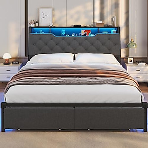 BTHFST Queen Bed Frame with Charging Station, LED Bed Frame Queen Size with Headboard Storage and 2 Drawers, Metal and Upholstered Platform Bed Frame with Lights, No Box Spring Needed, Dark Grey