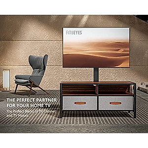 FITUEYES Wood Swivel Floor TV Stand with Mount for 37-75 Inch TVS, Television Stands with Storage for Bedroom - Height Adjustable, Cable Management, Removable Fabric Drawers, VESA 400x600mm, Walnut