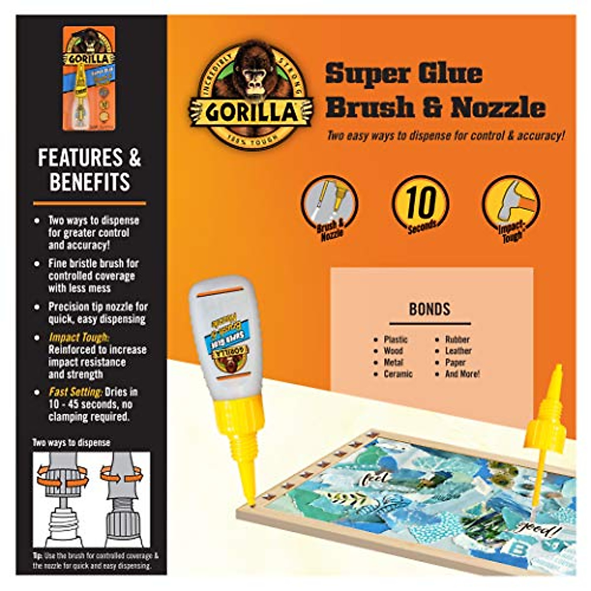 Gorilla Super Glue with Brush & Nozzle Applicator, 10 Gram, Clear, (Pack of 2)