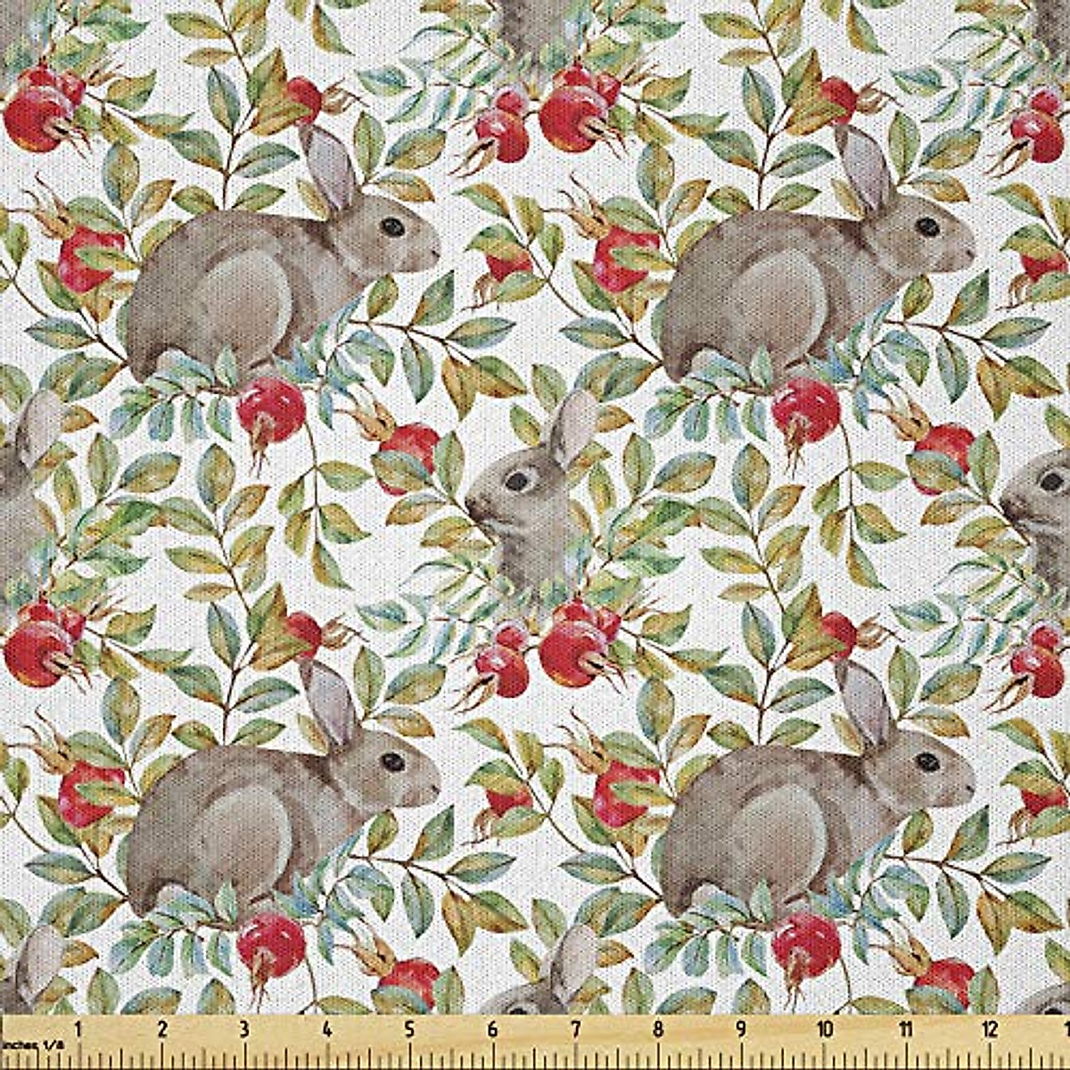 Ambesonne Bunny Fabric by The Yard, Easter Pattern of Dog Rose and Rabbits, Microfiber Fabric for Arts and Crafts Textiles & Decor, 1 Yard, Warm Taupe