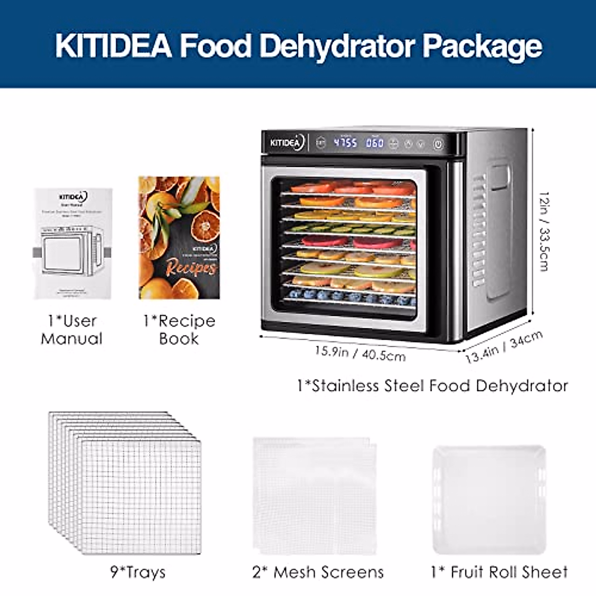 KITIDEA Food Dehydrator, 9 Stainless Steel Trays Dehydrator for Food and Jerky, Herbs, Veggies, Fruits, 1000W Electric Food Dryer Machine with Digital Temperature and Timer, Recipe Book Included
