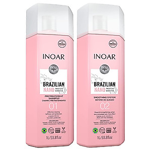 INOAR - Nano Keratin Deep Cleansing Shampoo (Step 1) & Volume Reducer (Step 2), Chemically Treated Hair, AntiFrizz, Coconut, Vegan Hair Product, Cruelty Free Haircare for Men and Women (1 Liter Duo)