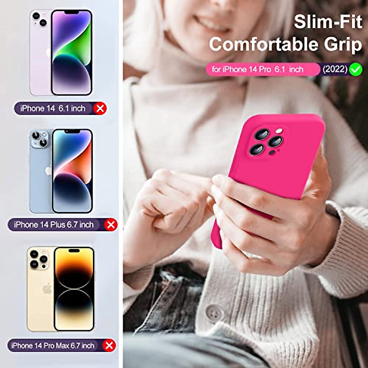 TISOOG Compatible with iPhone 14 Pro Case for Women,with 2 Pcs 9H Tempered Glass Screen Protector,[Camera Protection][Microfiber Lining] Slim Shockproof Silicone Case for iPhone 14 Pro, Hot Pink