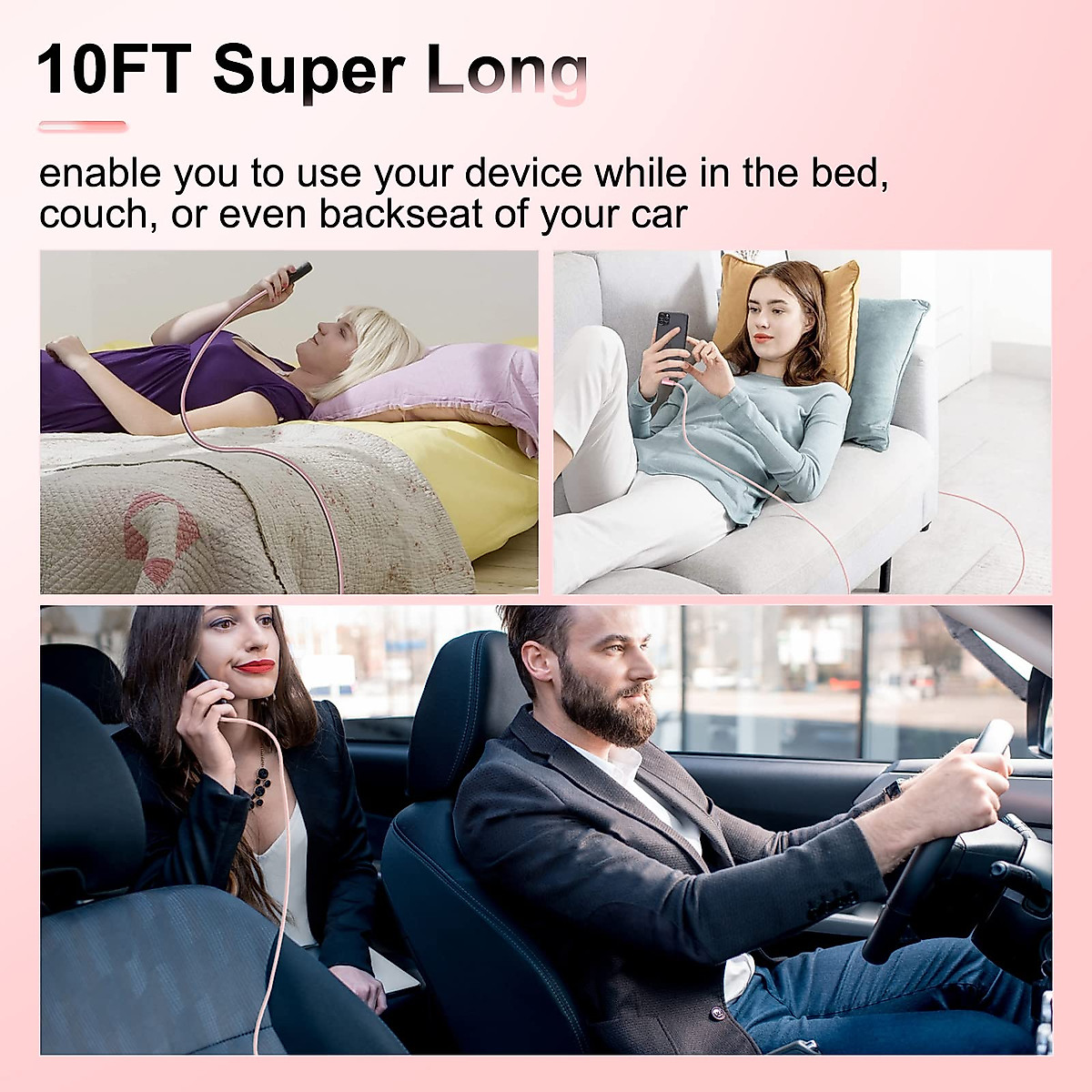 FOXSEA iPhone Charger 10FT, Right Angle Lightning Cable MFi Certified iPhone Charging Cord Nylon Braided Compatible with iPhone 14/13/12/11 Max/Pro Max/Mini/XS/XR/XS/X/8/7/iPad (Pink)