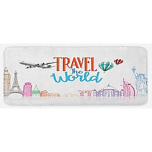 Ambesonne Saying Kitchen Mat, Travel The World Lettering Around Globe Landmarks Balloons Work of Art Image, Plush Decorative Kitchen Mat with Non Slip Backing, 47" X 19", Blue Grey