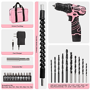 COMOWARE Pink Cordless Drill Set, 12V Power Drill Set Electric Screwdriver Driver Tool Kit for Women, 3/8" Keyless Chuck 1 Battery & Charger with Storage bag