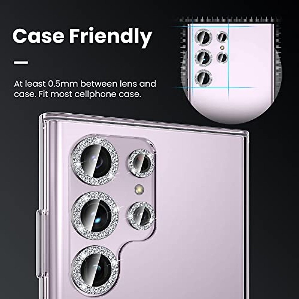 Tensea (3+2PCS) for Samsung Galaxy S23 Ultra 5G Camera Lens Protector, 9H Tempered Glass Camera Cover Screen Protector Metal Individual Ring [Installation Tray][Removal tool][Case Friendly]- Glitter