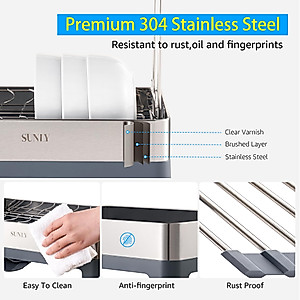 SUNLY Large Dish Drying Rack, Dish Racks for Kitchen Counter, 304 Stainless Steel Kitchen Drying Rack, Multipurpose 2 Tier Dish Drying Rack, Extra Large Dish Dryer with Rotatable Spout, Gray