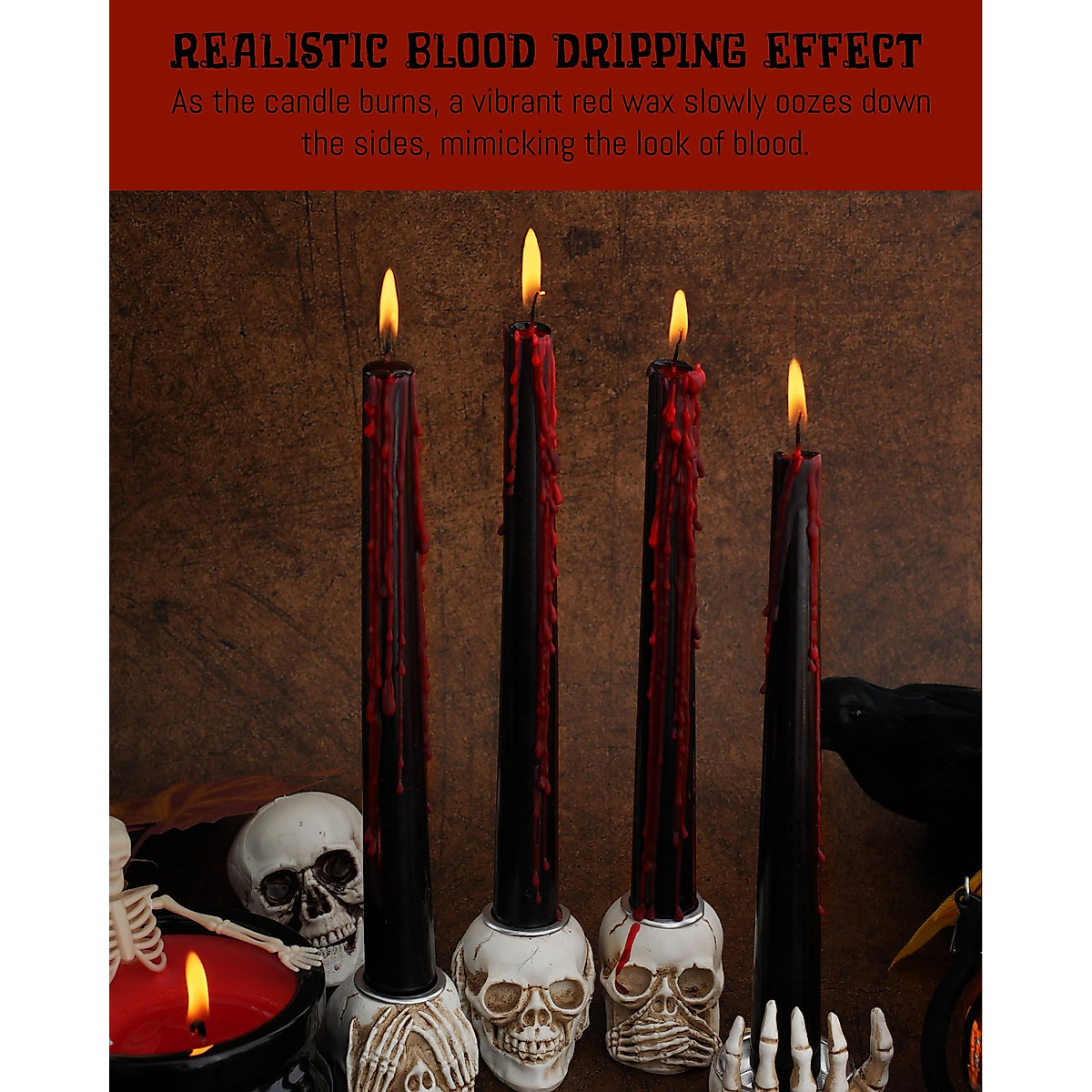 Viyffo Vampire Tears Taper Candles 10 Inch Set of 4 Unscented, Smokeless Long Tall Black Tapered Candle Sticks for Home, Spooky Decor Gothic