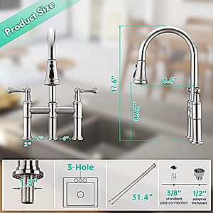ARRISEA Heritage Bridge Kitchen Faucet with Pull-Down Sprayhead 2 Handle 8 Inch Faucet for Kitchen Sinks 3 Hole Install Kitchen Sink Faucet Fingerprint Resistant Spot Free Brushed Nickel