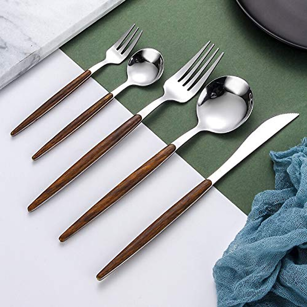 20-Piece Silverware Set with Faux Wooden Handle, Stainless Steel Flatware Set, Tableware Cutlery Set for 4 Including Forks Spoons Knives, Utensil Set for Home and Restaurant,Hand Wash Recommended