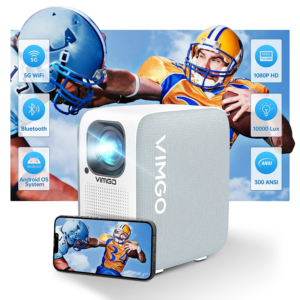 Projector with WiFi and Bluetooth, Native 1080P Portable Projector 4K Supported 120" Display for Home Outdoor, LED Smart Movie Projector Compatible with iOS/Android/PS5/TV Stick/Xbox