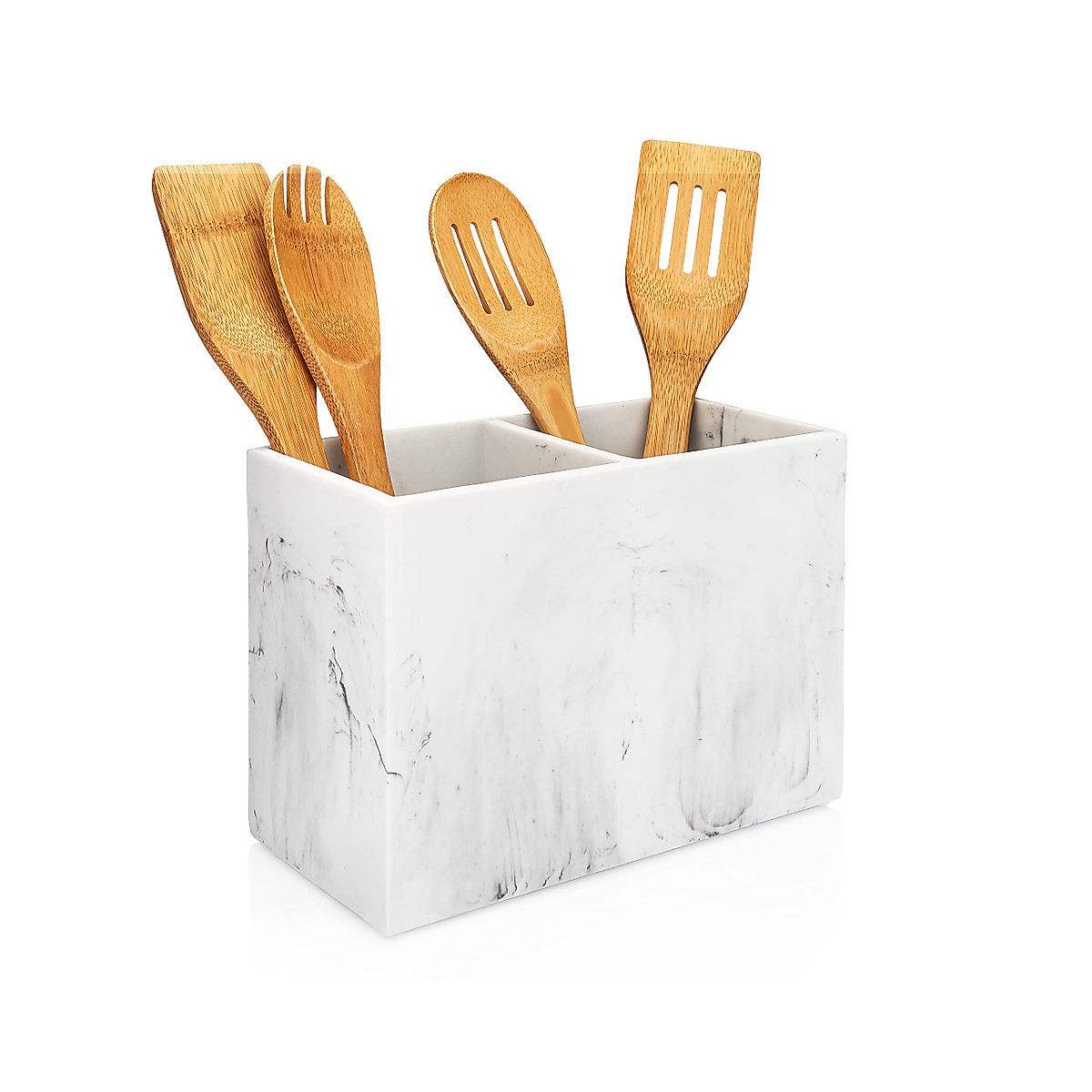 Essentra Home White Marble Kitchen Utensil Holder for Countertop, Rectangular Utensil Crock with Two Compartments.