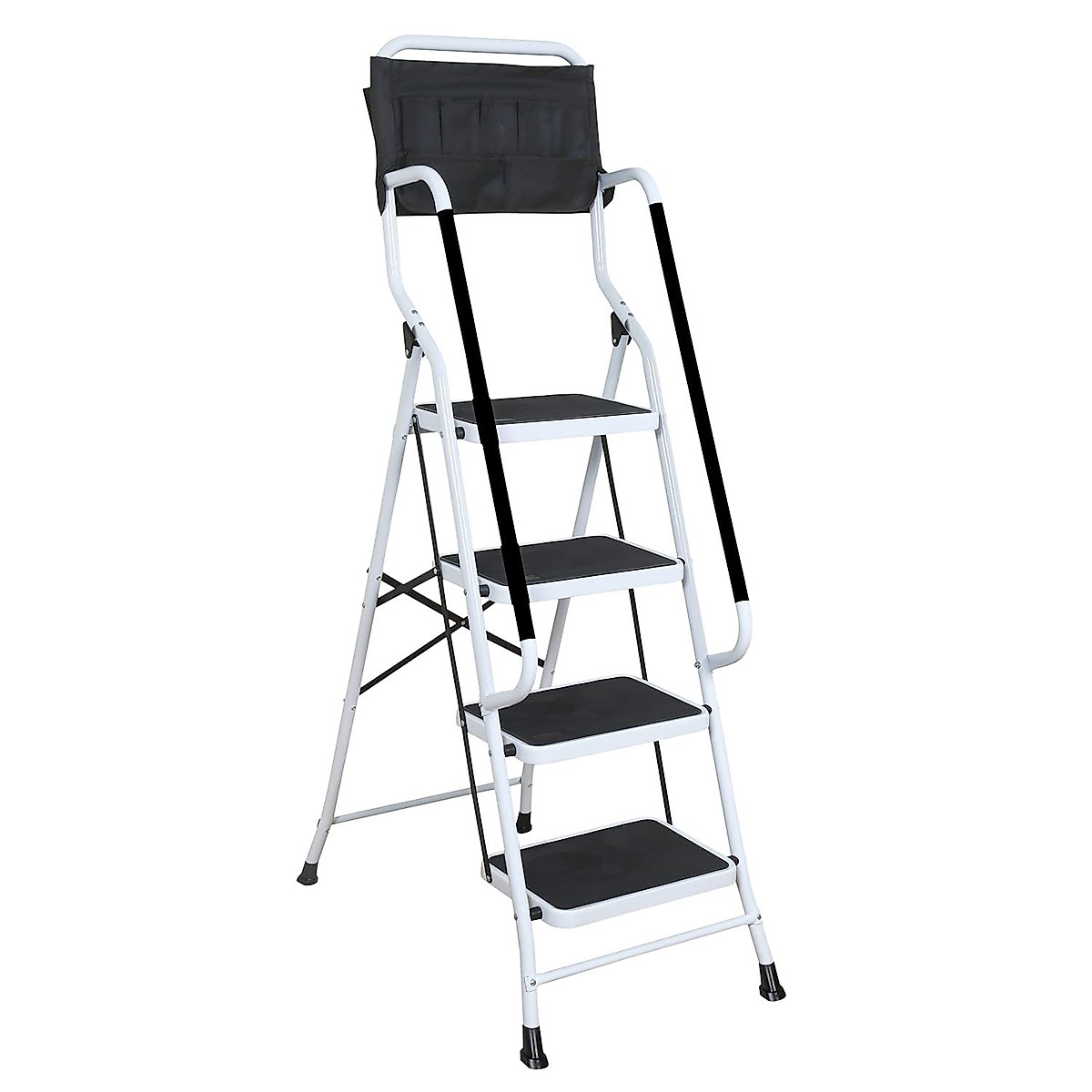 Portable Folding Step Ladder with Safety Handrails Anti-Slip Sturdy Large Area Pedal Steel Step Stool White and Black 4-Feet & Attachable Tool Bag for Kitchen Home and Office, Capacity: 500 lbs