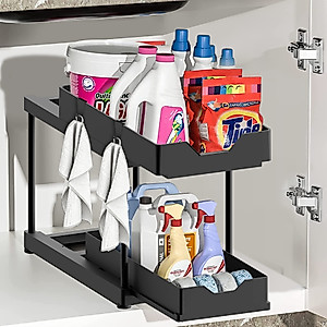 2-Tier Under Sink Organizer, Double Sliding Cabinet Storage Drawer, Storage Pull For Home Bathroom Kitchen Pantry Office, with 4 Hooks 2 Hanging Cups 4 Dividers 4 Non-Slip Feet