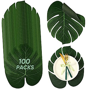 XunYee 100 Pcs Large Palm Leaves Artificial Monstera Leaf Decor Tropical Palm Leaves Placemats for Wedding Hawaiian Luau Party Jungle Safari Beach Table Decoration, 11.4 x 13.8 Inch