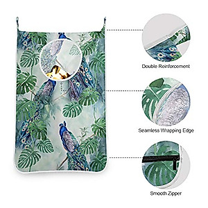 Oyihfvs Peacock with Beautiful Feathers Green Tropical Leaves 1PC Hanging Laundry Hamper Bag, Dirty Clothes Bag Over The Door, Wall Cloth Basket with Hooks Storage College Closet for Bathroom Bedroom