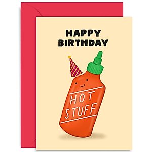 Old English Co. Funny Happy Birthday Card for Husband or Wife - Cute 'Hot Stuff' Chilli Hot Sauce Card for Men or Women - Boyfriend, Girlfriend, Fiance, Partner| Blank Inside with Envelope