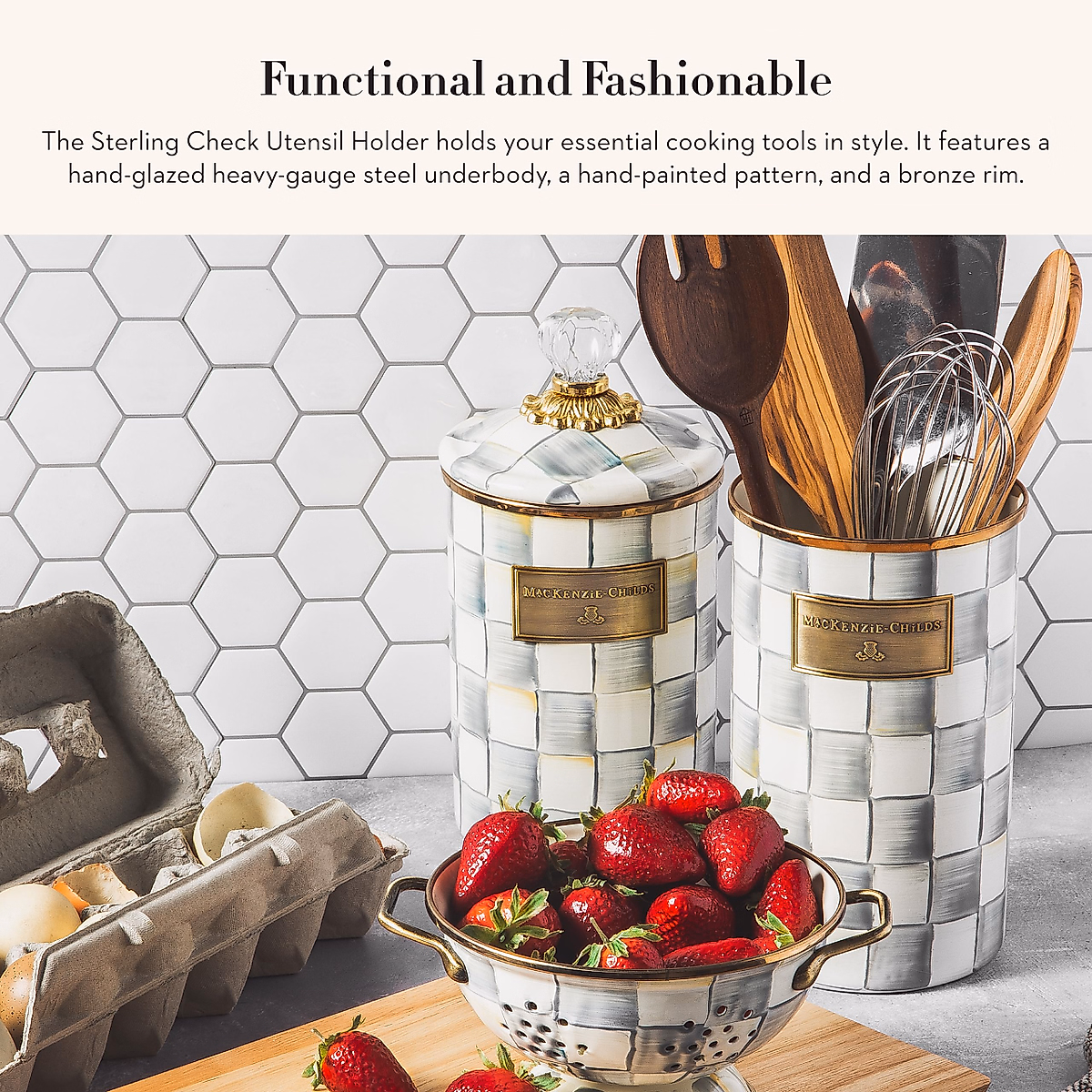 MACKENZIE-CHILDS Enamel Utensil Holder, Kitchen Utensil Holder for Countertop, Storage Caddy, Gray-and-White Sterling Check