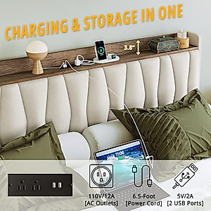 ANCTOR King Size Bed Frame with Storage Headboard and Charging Station, Upholstered Platform Bed with 3 Drawers, No Box Spring Needed, Easy Assembly, Beige