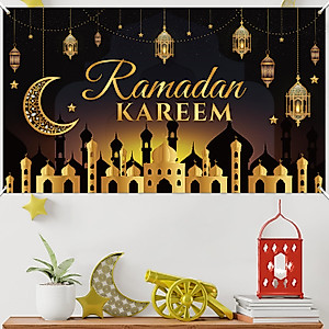 WATINC Ramadan Mubarak Backdrop Banner XtraLarge Eid Arabian Nights Moon Stars Ramadan Kareem Background Banner Party Decorations Supplies Photo Booth for Wall Home Indoor Outdoor 79 X 45 Inch