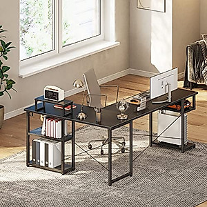 ODK 66" L Shaped Desk Computer Desk with Storage Shelves & PC Stand, Gaming Desk with Monitor Stand, Home Office Writing Desk, Modern Larger Wooden Desk, Black