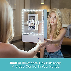 Glamcor Riki Skinny Smart Vanity Mirror with HD LEDs, Magnifying Mirror Attachment, Phone Holder and Bluetooth Control (White, 5X Magnification)