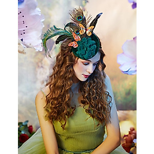 Coucoland Fascinators Hat for Women Pillbox Tea Party Hat Derby Butterfly Feather Cocktail Fascinator Headband (Dark Green)