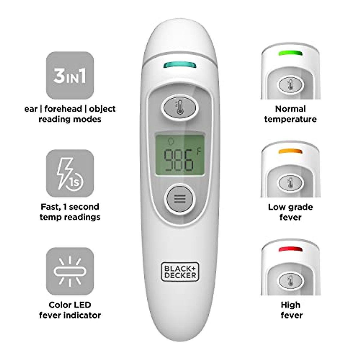 BLACK+DECKER 3-in-1 Infrared Thermometer for Kids and Adults with Fever Alarm, Forehead/Ear/Object Modes, Mute Function for Sleeping Babies, Fast Response Time and Auto Shutdown (BDXTMB100), White