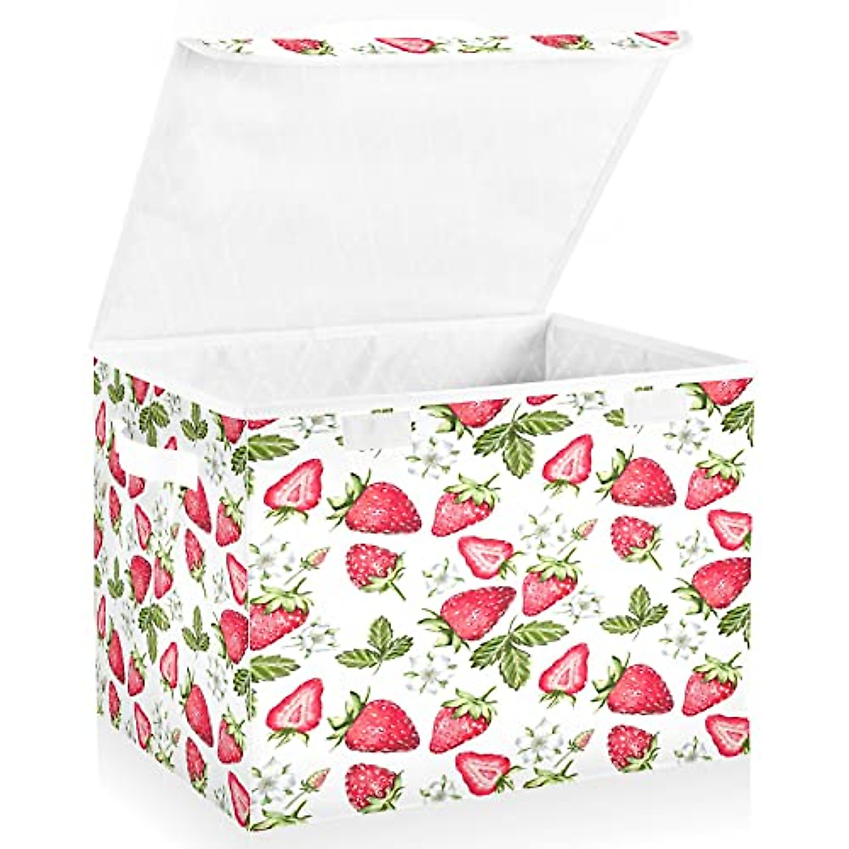 xigua Strawberry Floral Storage Bins with Lids Foldable Large Cube Storage Boxes with Handles for Home Bedroom Closet Office (16.5x12.6x11.8 in)#60