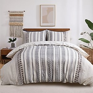 Cotton Jacquard Duvet Cover Set King Size, 3 Pieces Boho Yarn-Dyed Geometric Textured Farmhouse Duvet Cover Set with Waffle and Tufted Dots, 104x92 Inch