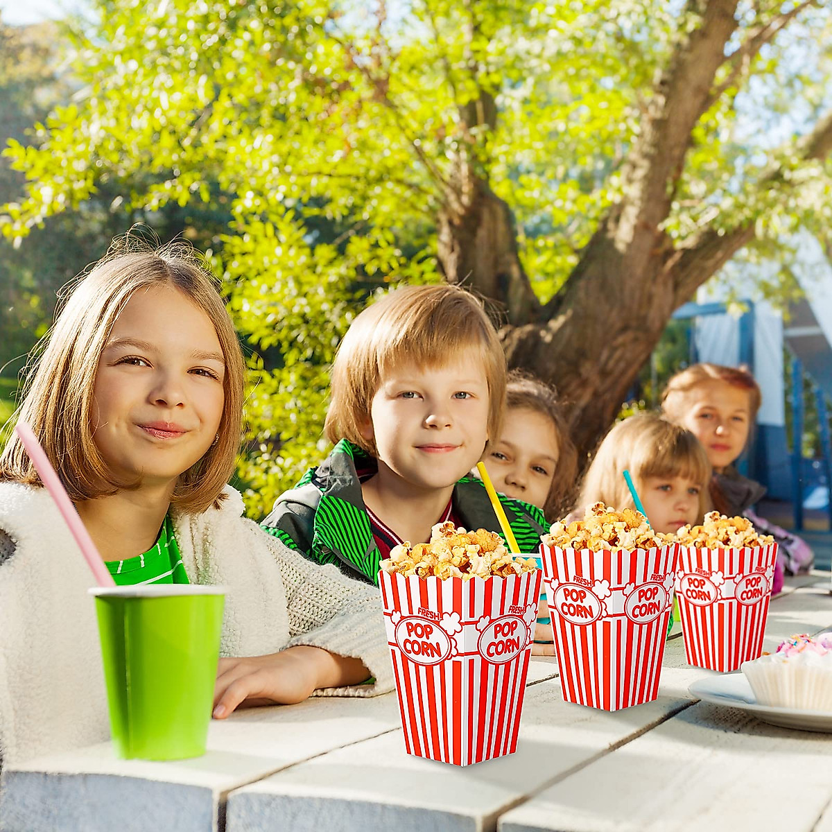 100 Pcs Popcorn Boxes Classic Red White Stripe Paper Popcorn Buckets Disposable Oil Proof Popcorn Container Retro Open Top Popcorn Holders for Movie Night Supplies Theaters Carnival Birthday Party