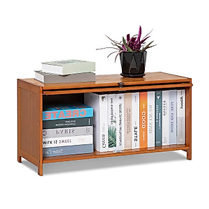 MoNiBloom Bamboo Bookcase with Flip Doors Free Standing Book Shelf Storage Organizer Save Space for Living Room Office Bathroom, Brown