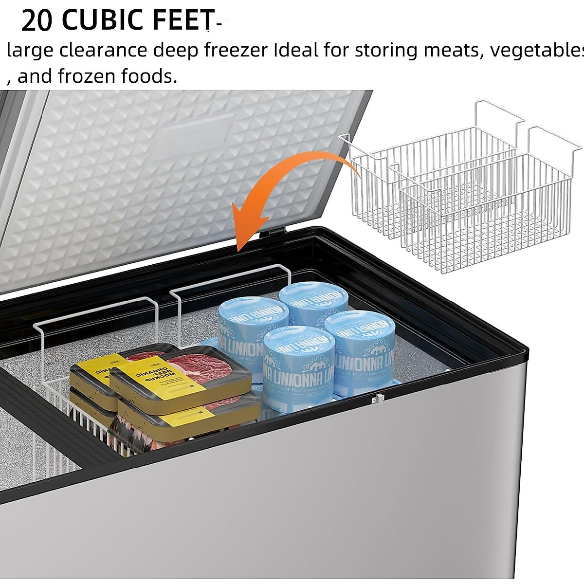 20 Cu Ft Chest Freezer - Large Commerical Deep Freezer with Removable Baskets - Top Open Door Compact Freezer w/Adjustable Temperature Quiet Energy Saving for Families Office and Garage - Silver