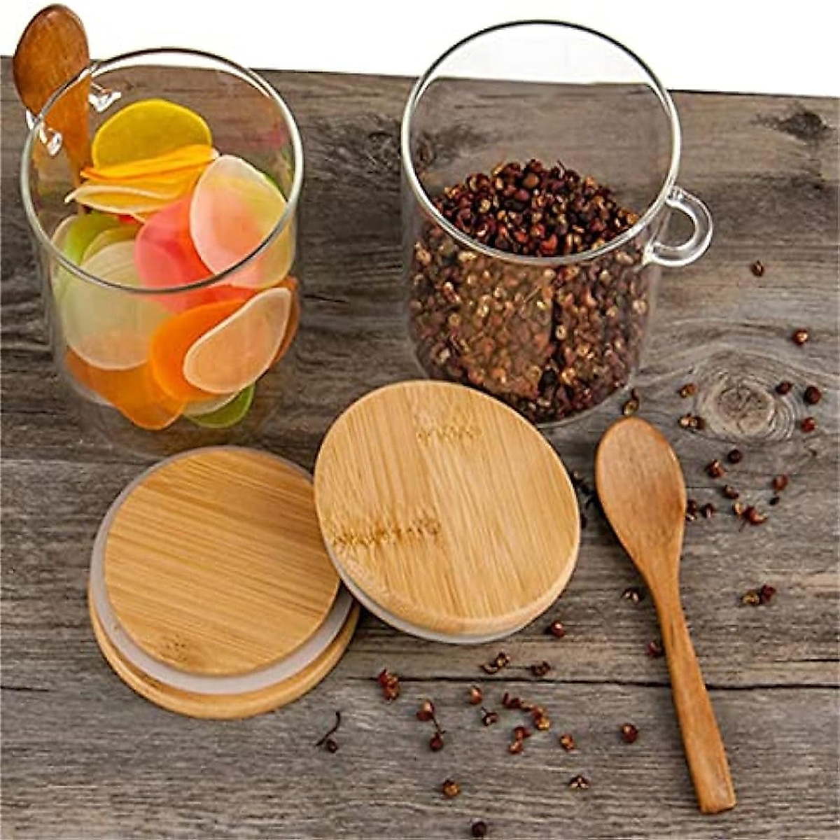 Glass Storage Container, Airtight Food Storage Glass Jars with Bamboo Airtight Lid and Spoon, Clear Kitchen Containers for Home Kitchen Farmhouse Storing Coffee Beans, Spice, Flour, Sugar, Tea, Cookie