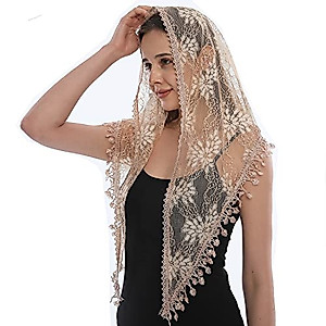 LMVERNA Mass Veils Catholic Triangle Mantilla Cathedral Head Covering Chapel Veil Lace Shawl Latin Scarf (Beige2)