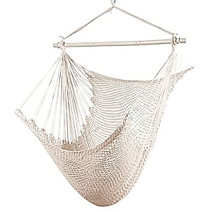HBlife Hammock Chair Max 330 LBS Hanging Chair with Portable Metal Rod Handwoven Cotton Rope Hammock Swing for Bedroom Beige, Small