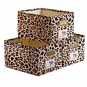 PRANDOM Collapsible Storage Baskets for Closet [3-pack] Decorative Linen Fabric Storage Bins Cubes with Metal Handles for Shelves Bedroom Living Room Leopard print (11.5x8.5x6.7 Inch)
