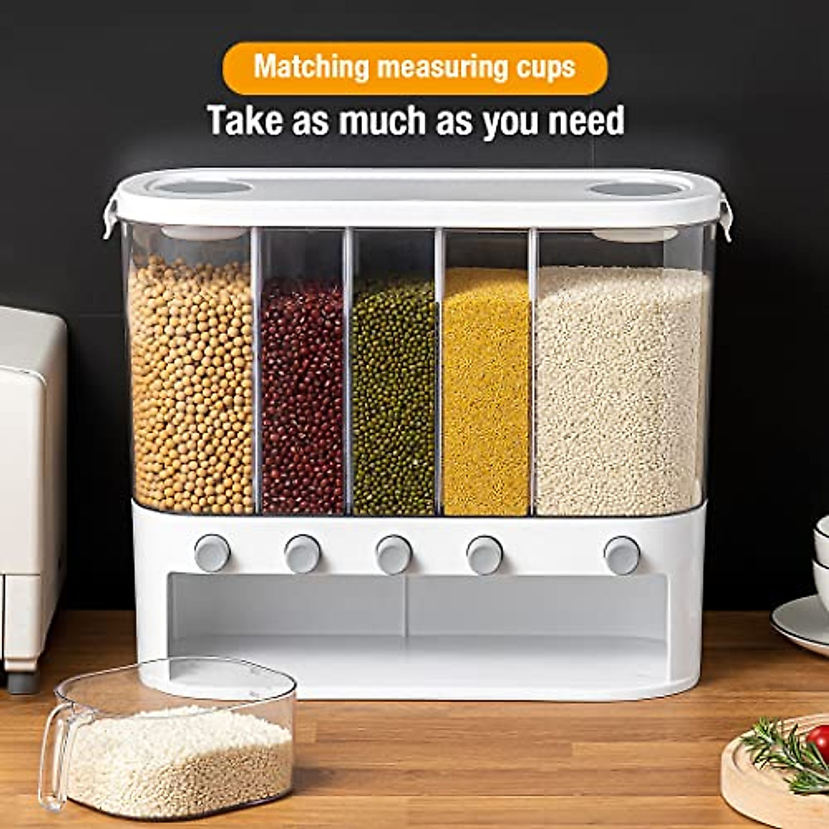 Conworld Dry Food Dispenser,Wall mounted 5 Grid Scent Bead Dispenser,Rice dispenser 25 pounds Kitchen Storage with Measuring Cup, Suitable for Rice, Beans, Laundry Beads