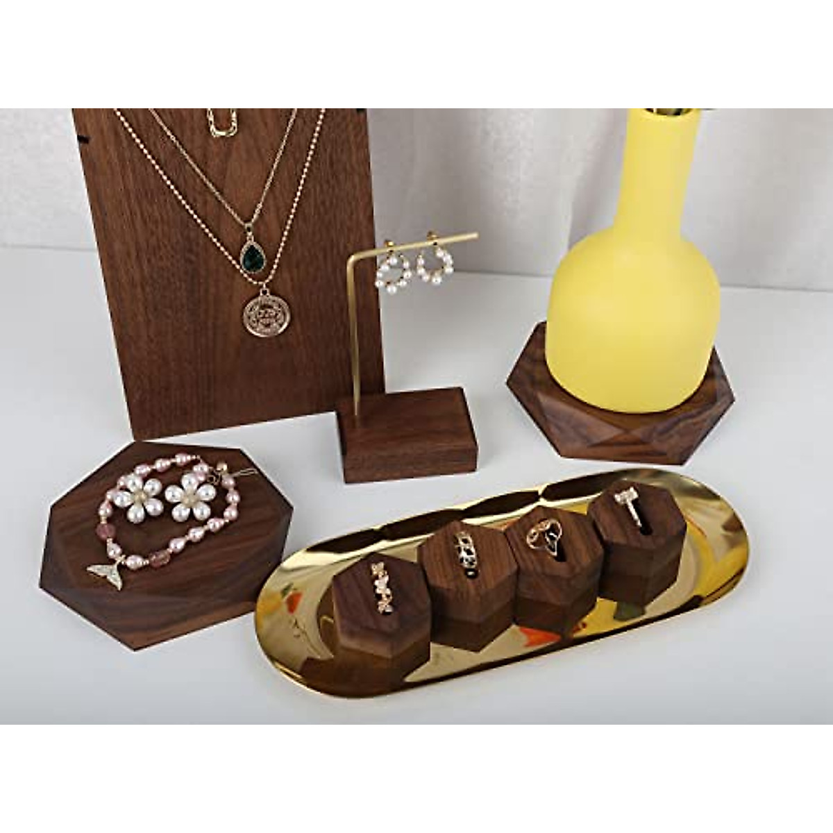 GemeShou 6pcs Wood Jewelry Ring Storage organizers, Hexagon Retail ring display slot stand, Small walnut Jewelry ring holder tray for Girl Woman Room Decoration【Walnut - Hexagon 6pcs】