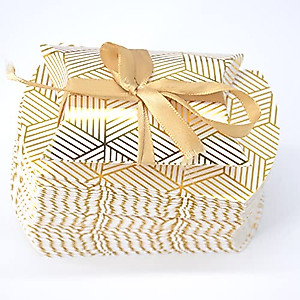 Aokbean Pack of 100 European Kraft Paper Pillow Gift Boxes Wedding Favor Party Supply Favor Gift Candy Box with 50 Yards Ribbon (Gold Stripes)