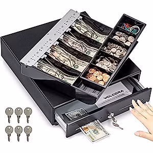 13" Manual Push Open Cash Register Drawer for Point of Sale (POS) System, Black Heavy Duty Till with 4 Bills and 5 Coin Slots, Key Lock with Fully Removable Money Tray and Double Media Slots
