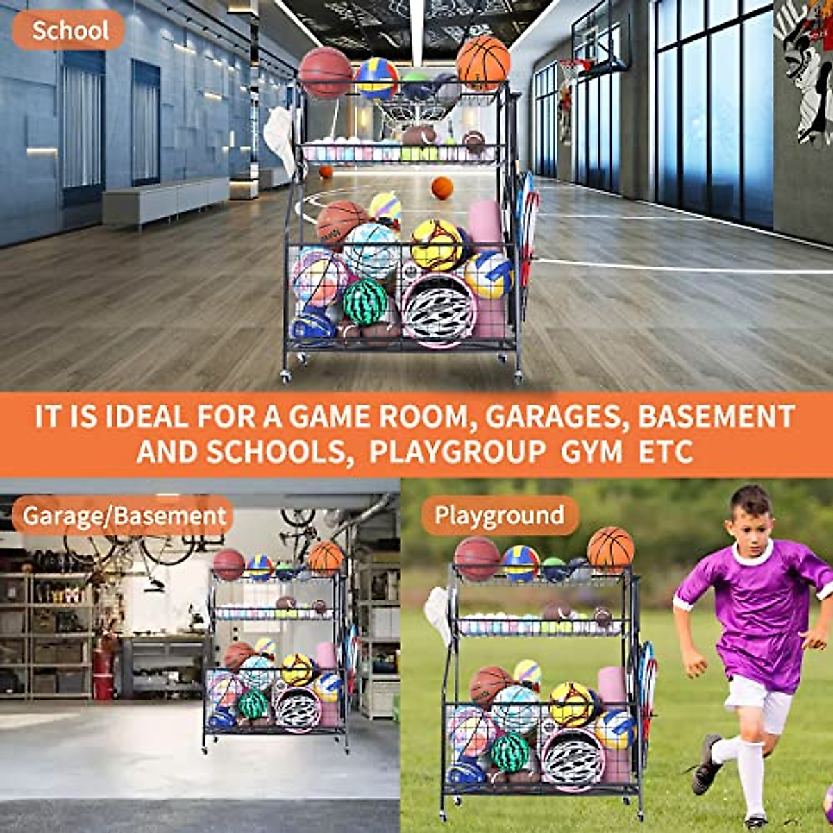 Lhysn Carbon Steel Sports Equipment Storage Rack, 2 Baskets, 2 Lockable Wheels Guaranteed
