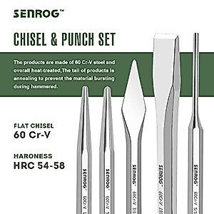 SENROG 12 Pieces Punch and Chisel Set, Alloy Steel 60Cr-v Made Punch Set, Mirror Surface and Chroming Gunsmith Punch Set, Including Flat Chisels, Taper Punch, Pin Punch Set, Center Punch, Cape Punch