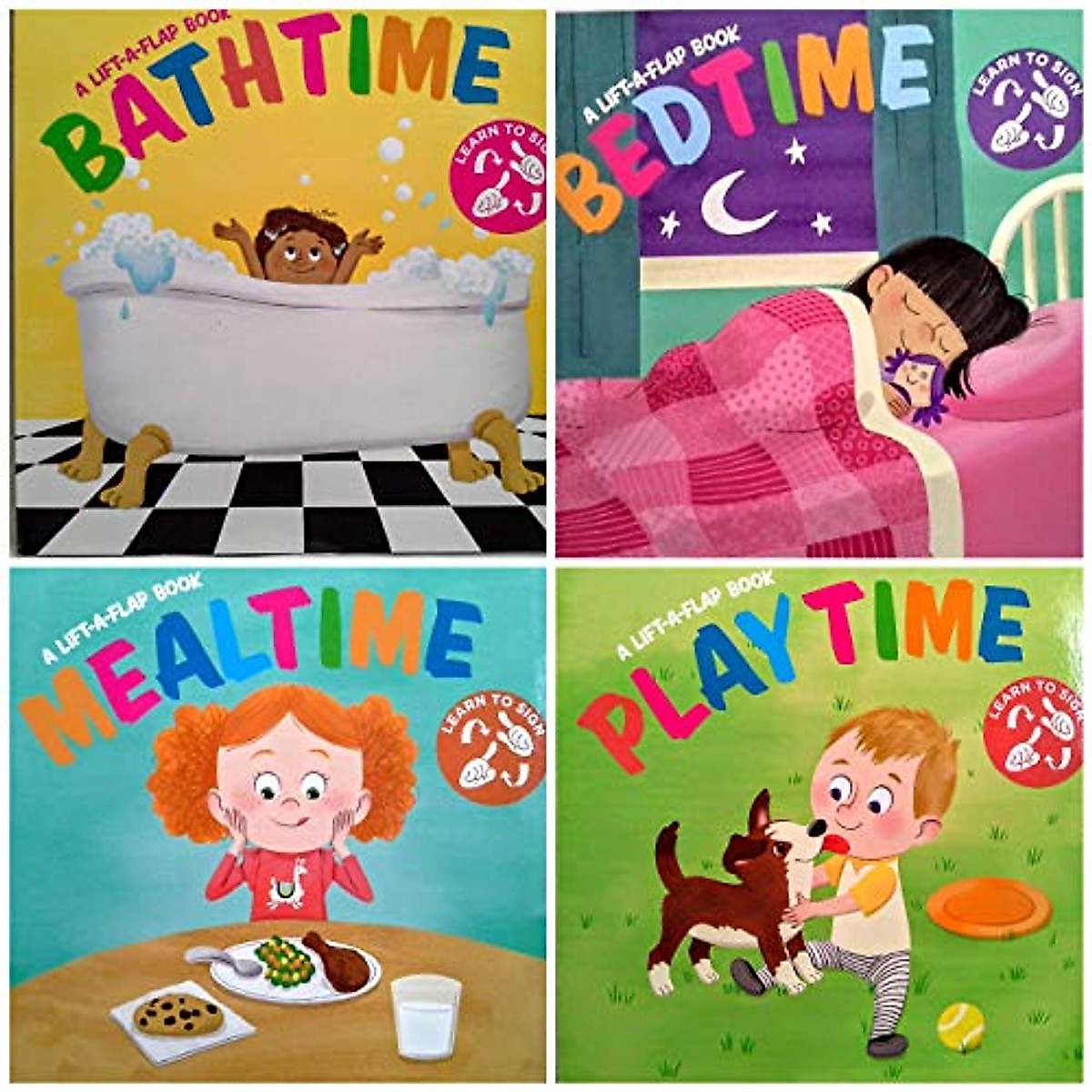 Interactive Lift-A-Flap Sign Language Book Set for Kids: Bathtime, Bedtime, Mealtime & Playtime; Learn to Sign Board Book (Set of 4 Books)