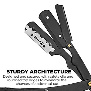 The Cut- Factory- Straight Razor with 100 Pack Platinum Treat Single Blade Razors for Men- Professional Barber Straight Edge Razor for Close Shaving 100 Percent Stainless Steel-Black