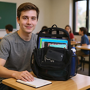 Deluxe Mesh Backpack with Bungee Cord & Adjustable Padded Straps, for Swimming, School, Travel (Black)