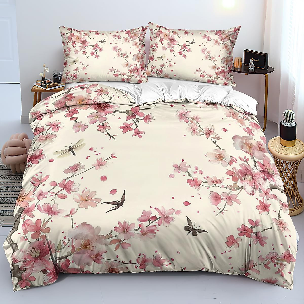 CCoutueChen Japanese Cherry Blossoms Duvet Cover Set King Size Pastel Pink Floral Comforter Bedding Set Nature Duvet Covers for Girls Women Adults Exquisite Flowers Duvet Cover with 2 Pillowcases